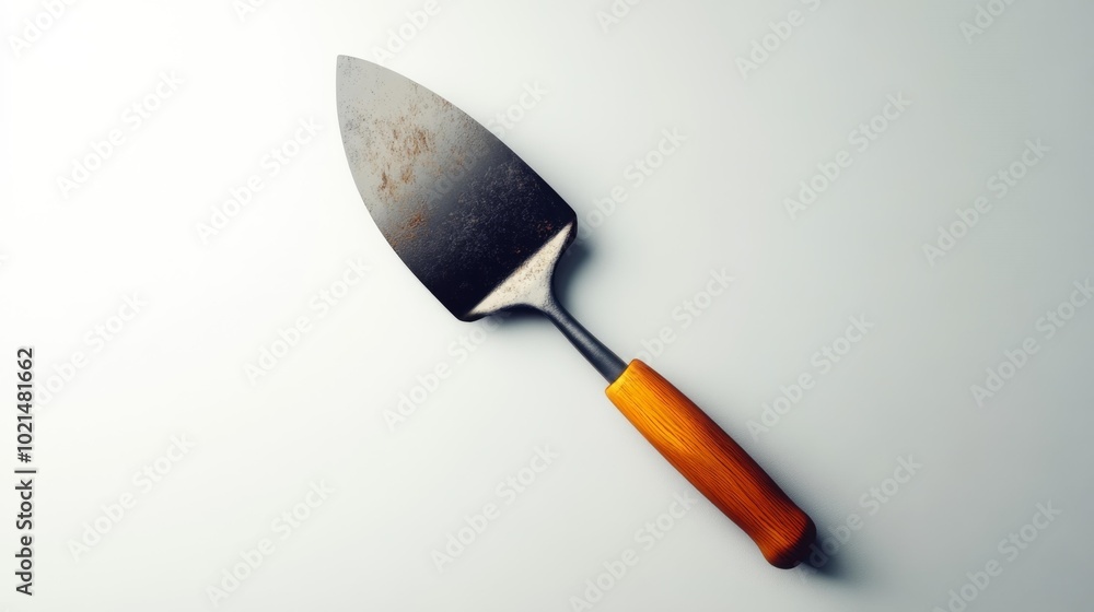 Realistic image of a small hand trowel with a wooden handle and rusted ...