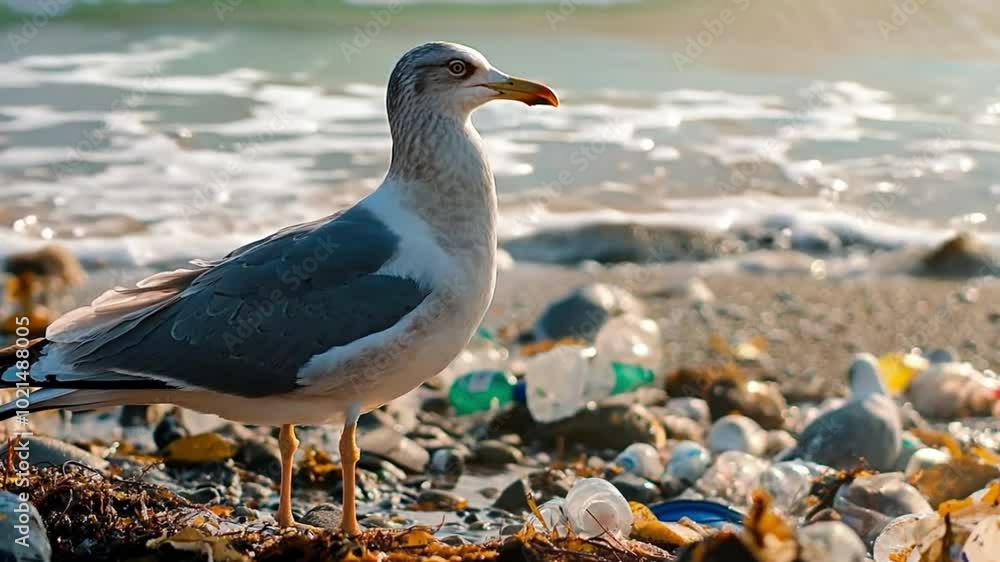 A seagull in a beach full of plastic waste. Concept of environmental ...