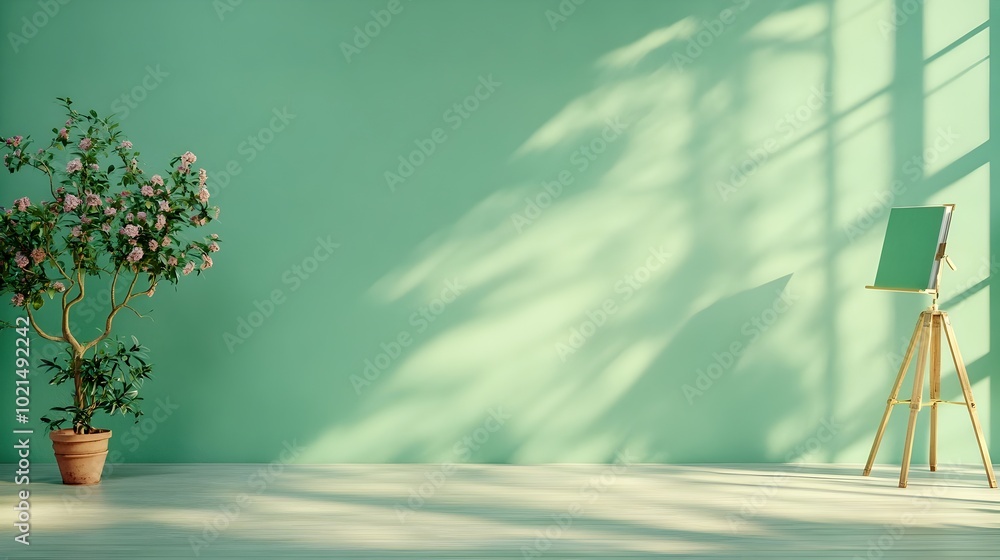 Vibrant 3D studio interior with green screen backdrop vacant floor and ...