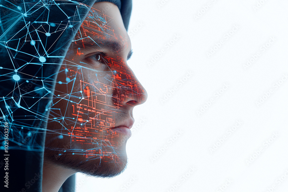 hacker in hoodie is depicted with cyber network overlay on their face ...