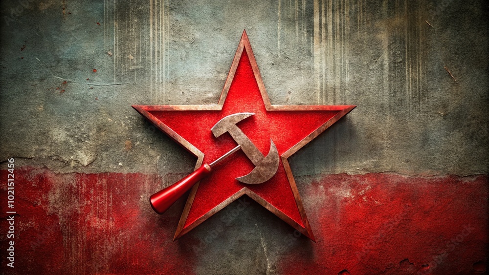 Red Star and Hammer Symbol Representing Communism on a Grunge Textured ...
