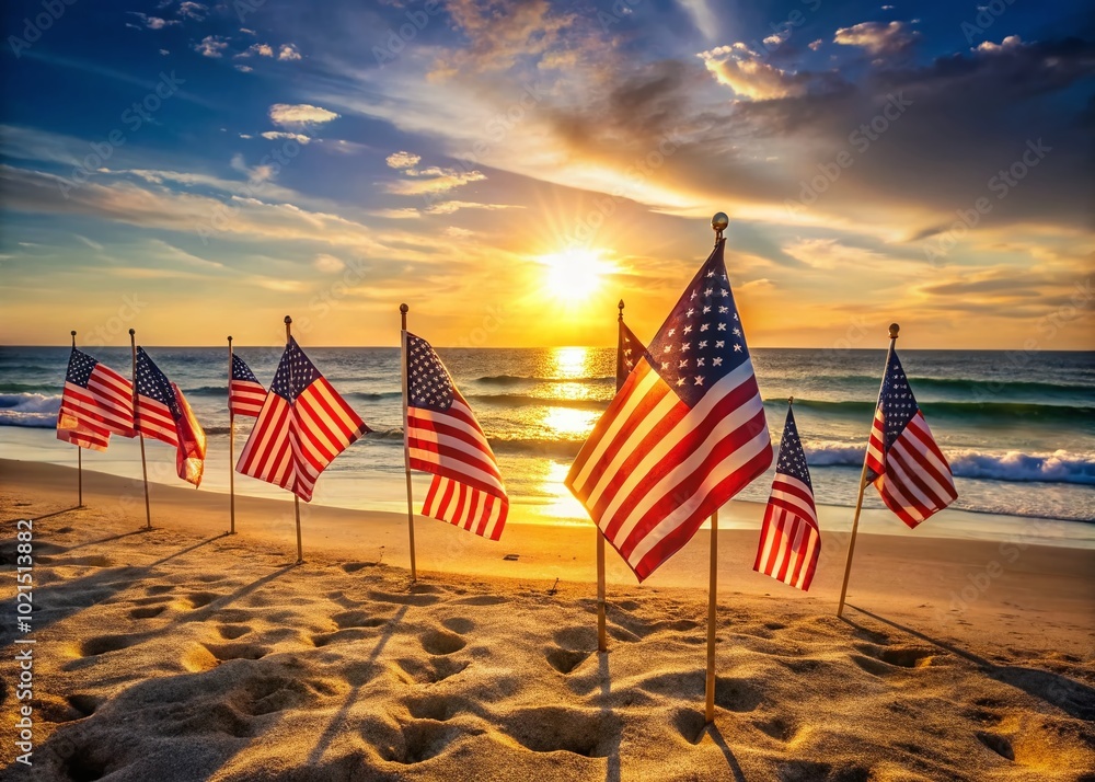 Relaxing Memorial Day at the Beach with American Flags, Sun, Sand, and ...