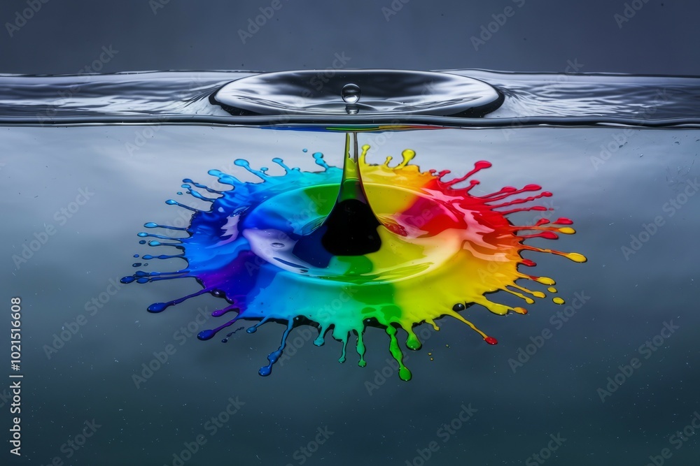 Rainbow water drop. A water drop falls into a pool of colored liquid ...