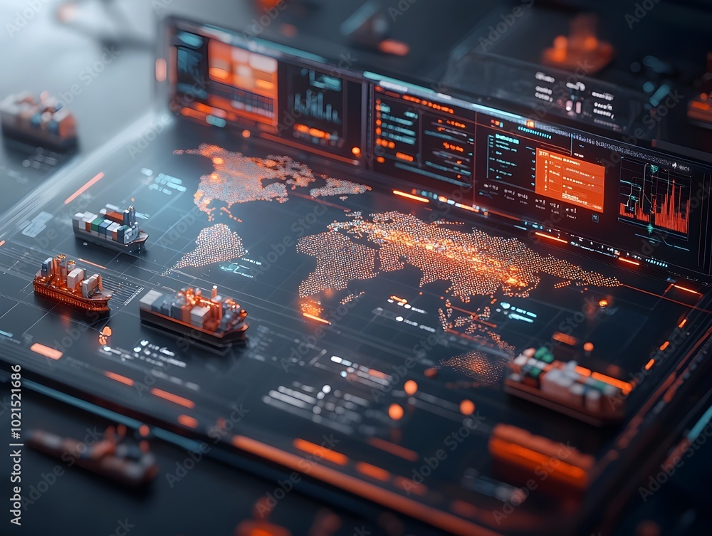 Futuristic AI powered global logistics command center with multiple display screens and control ...