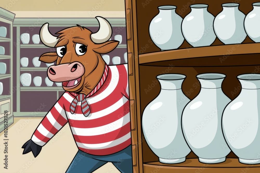 Bull in store. Bull in a striped shirt, peeking around a corner of a ...