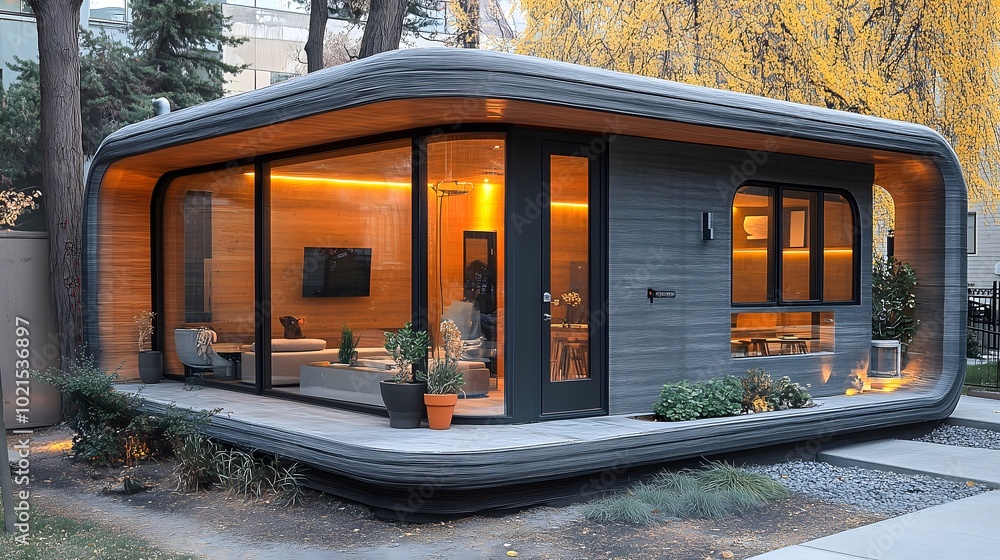 3D printed house, the house has characteristic lines and design for ...