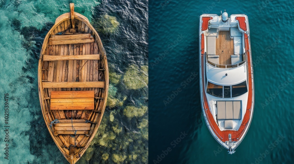 An old wooden boat and a modern speedboat rest side by side on the ...