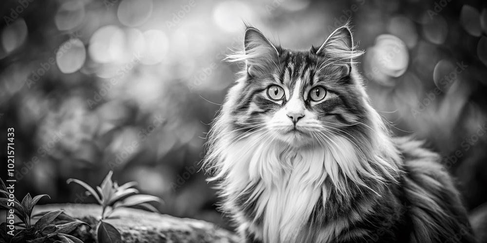 Stunning Norwegian Forest Cat in Black and White Poses Gracefully in a ...