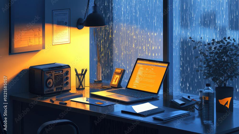Isometric illustration of a remote work setup during extreme weather ...