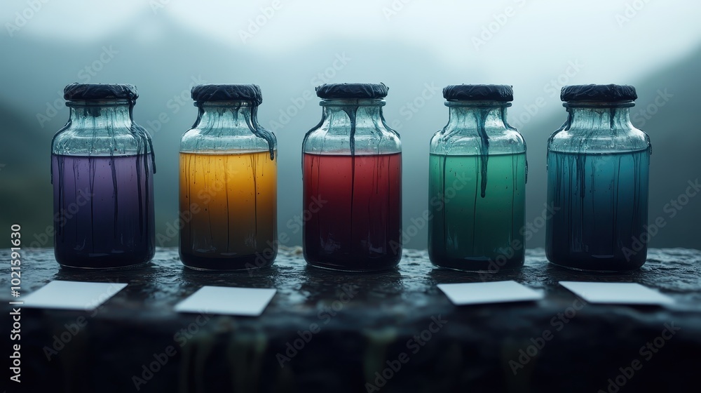 Glass jars containing multiple colored liquids are aligned on a ledge ...