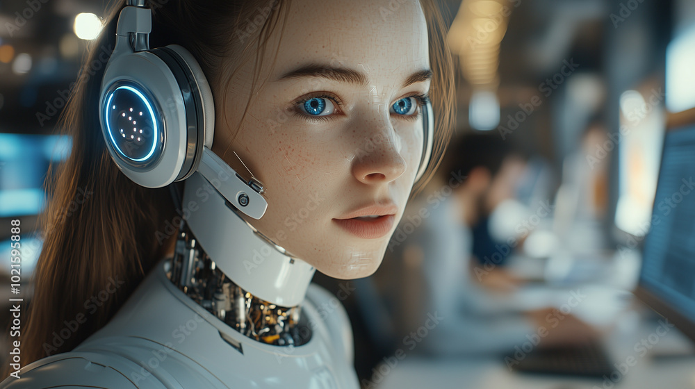 A cinematic photograph of an AI humanoid robot with a beautiful female ...