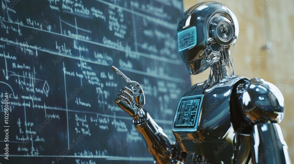 A chrome-finished robot with a holographic display on its chest, pointing at a grammar lesson on ...