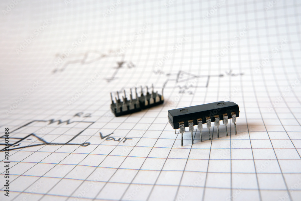 Integrated circuit on the drawing of logic gates. CMOS semiconductor ...