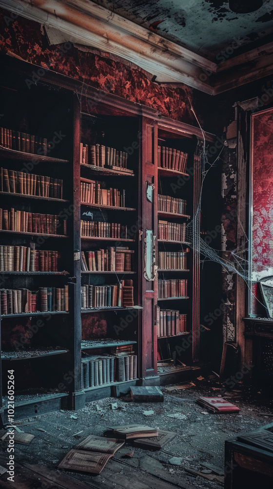 Spooky deserted manor library with dusty shelves and old books. Concept ...