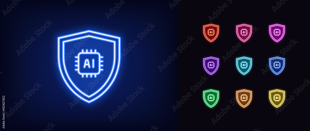 Outline neon AI protection icon set. Glowing neon shield with AI chip, security algorithms with ...