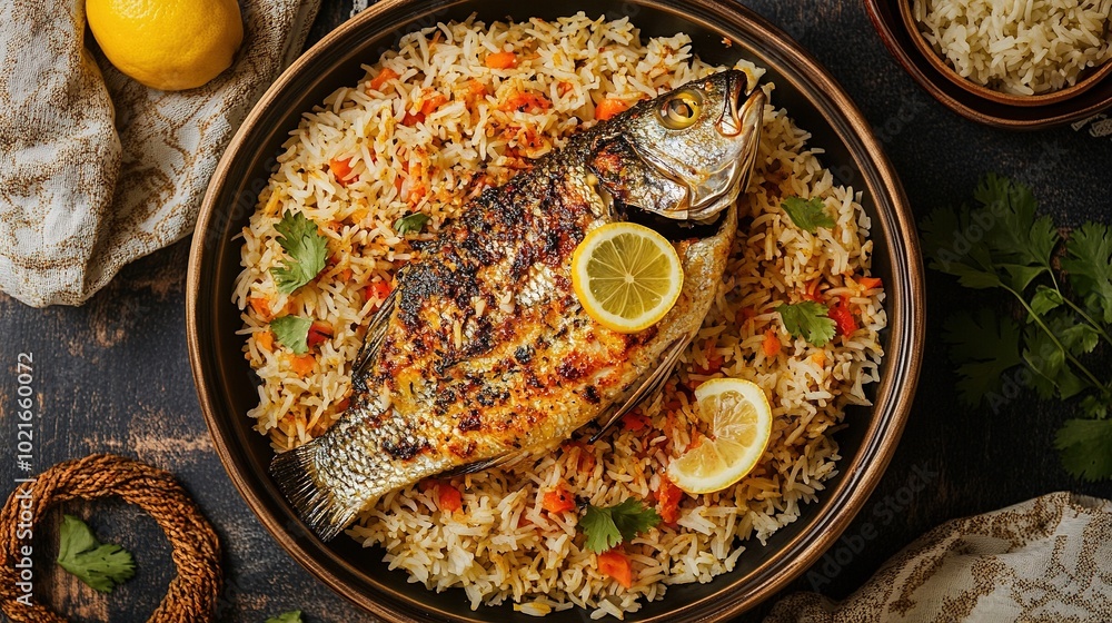 Arabian Sheri fish mandi rice with lemon slice Stock Illustration ...