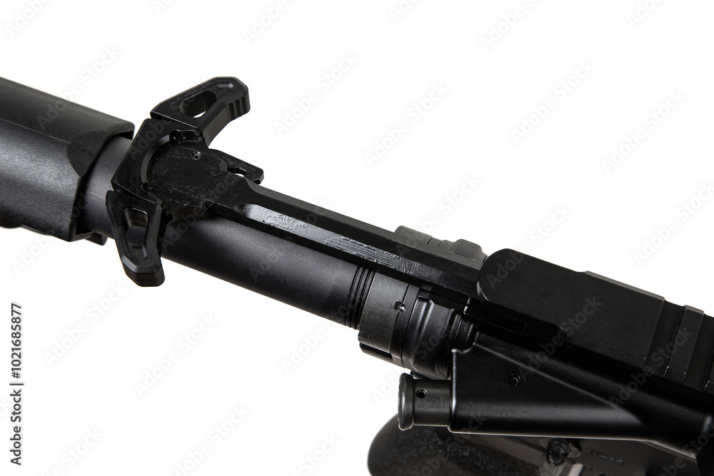 Close-up of the rifle's bolt. Modern automatic rifle isolated on white ...