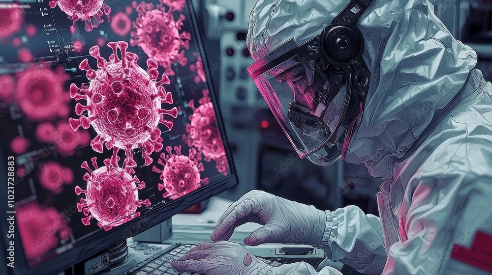 Clad in comprehensive protective gear, a scientist scrutinizes virus ...
