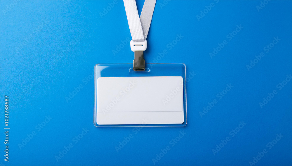 Blank office badge, empty name tag on bright blue backdrop. Mock-up ...