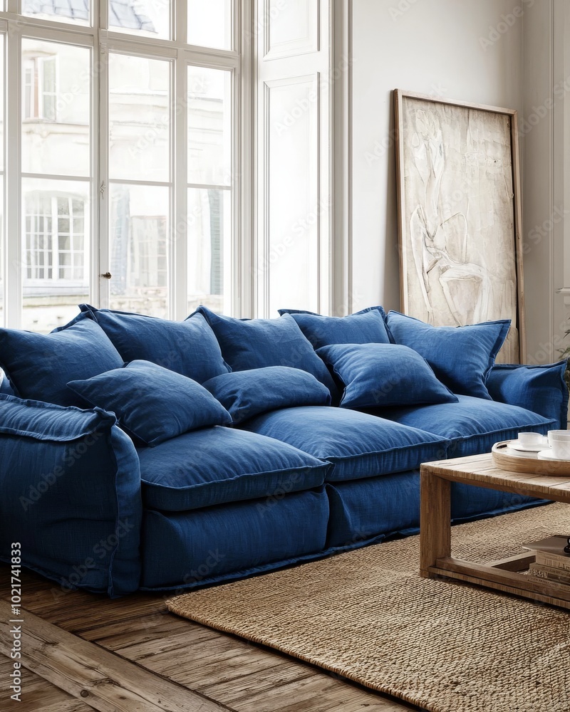 This is an image of a modern living room with a minimalist, boho ...