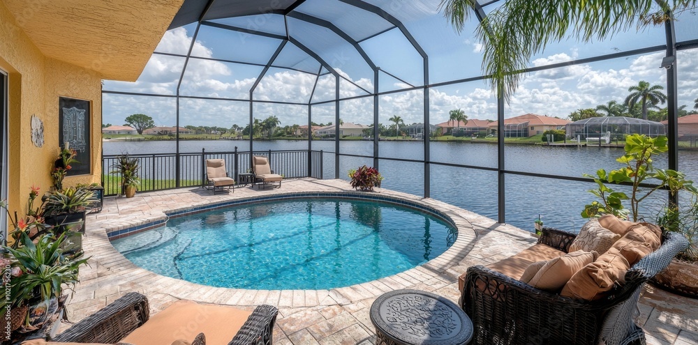 Luxury Florida mansion with lanai patio and screened in pool, exterior ...