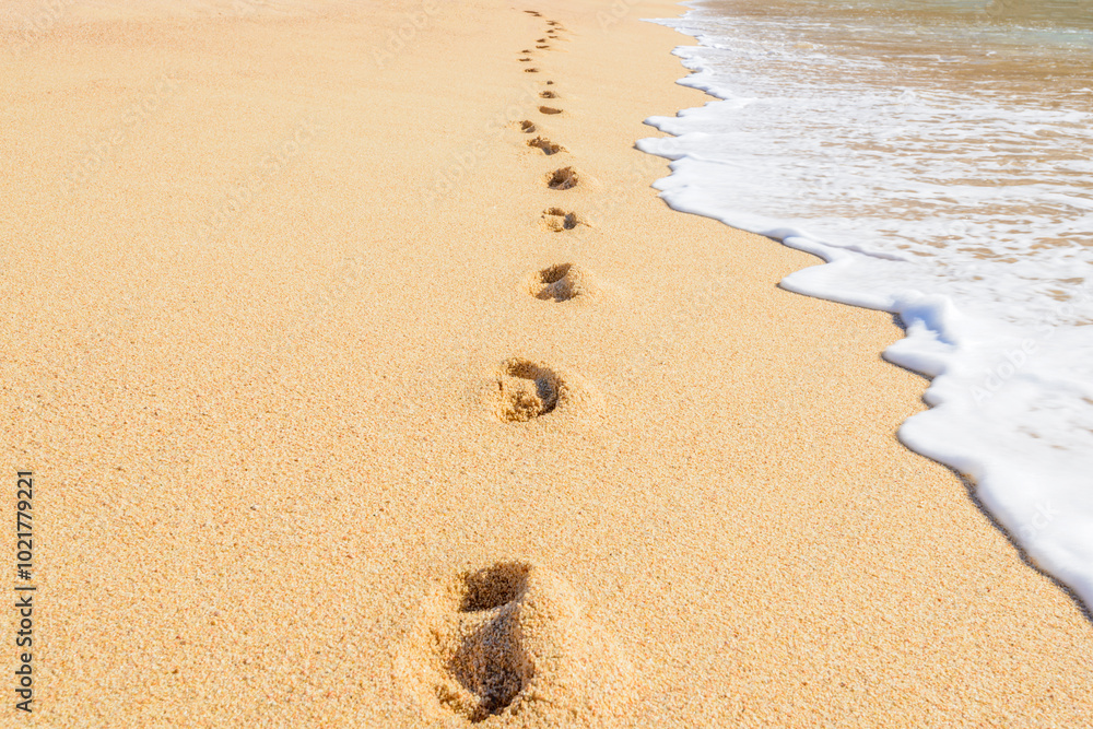 Footprints on the beautiful ocean sand. Set of pictures showing ocean ...