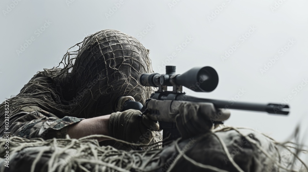 Highly Skilled Soldier Aiming Precision Sniper Rifle Through Camouflage ...