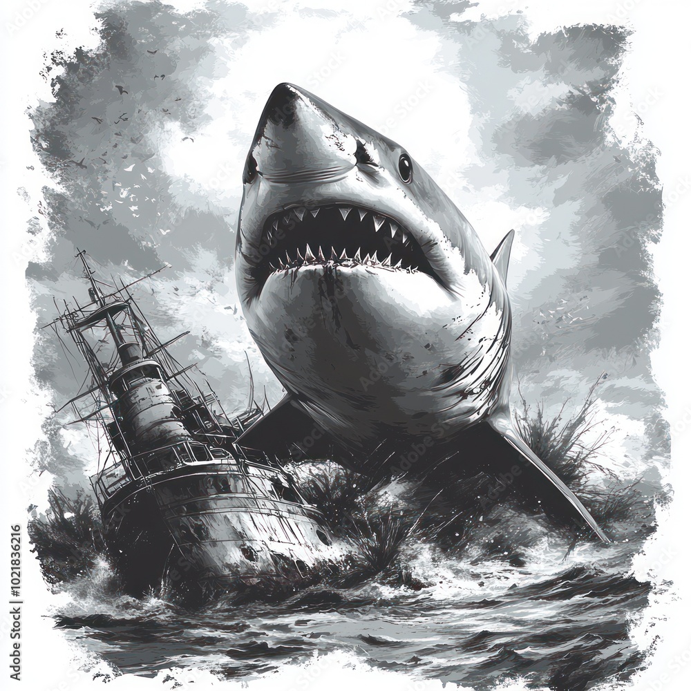 A giant great white shark leaps from the water, attacking a sinking ...