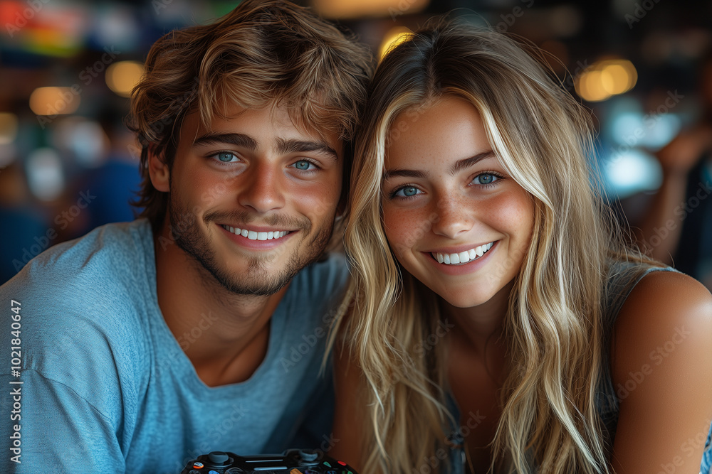 A male and female gamer playing a split-screen co-op game on a console ...