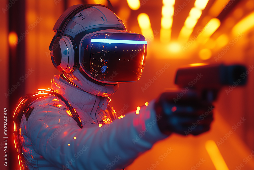 3D vector showing a gamer in a futuristic room playing a VR action game ...