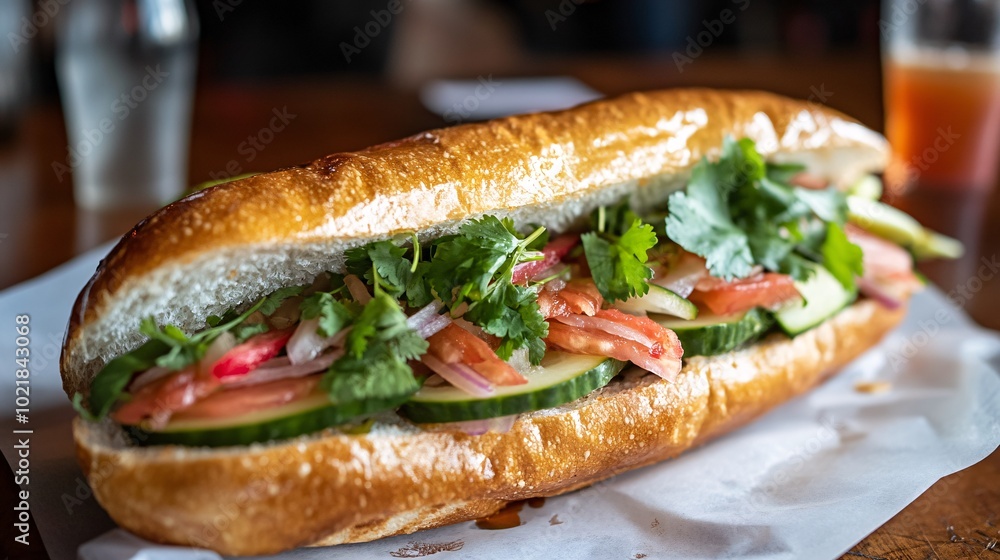 Handcrafted Vietnamese banh mi with pickled vegetables, fresh cilantro ...