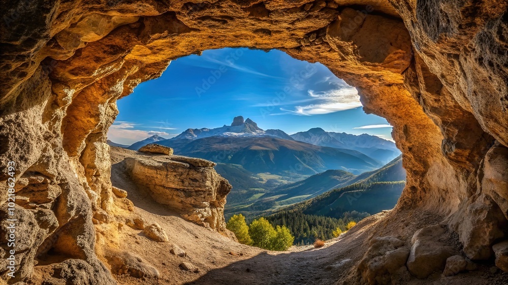 Entrance to cave in mountain with scenery landscape view of green grass ...