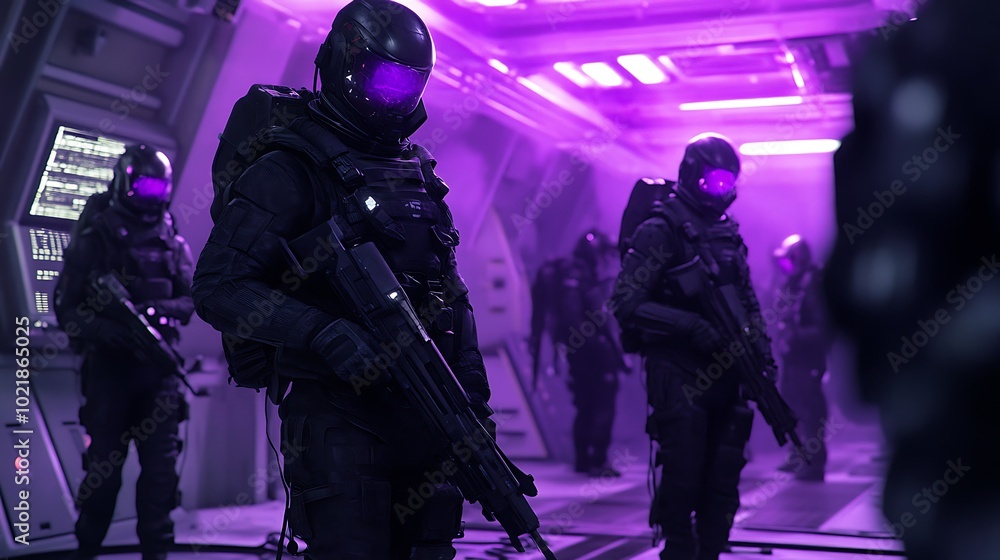 Futuristic soldiers in black armor and purple lighting, standing in a ...