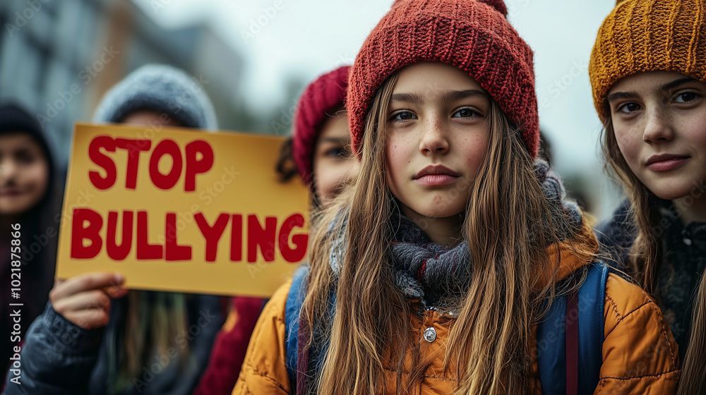 A group of students standing around a bullied child, holding up signs ...