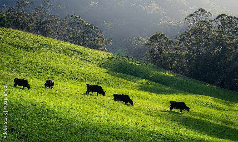 Dark coloured cows on a green hillside pasture just outside of the town ...