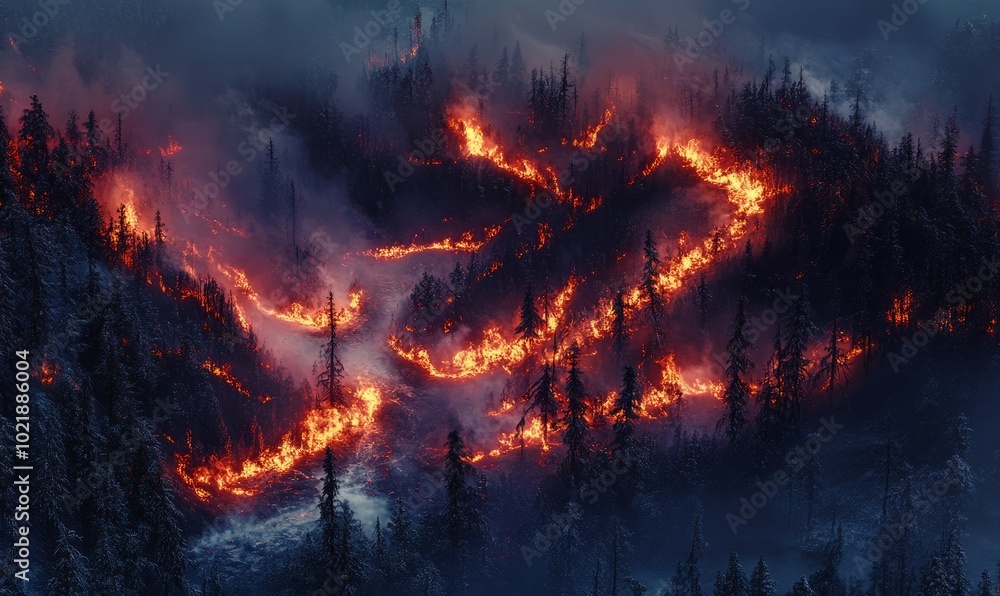 Heatmap of a forest fire's spread, with intense reds and oranges ...