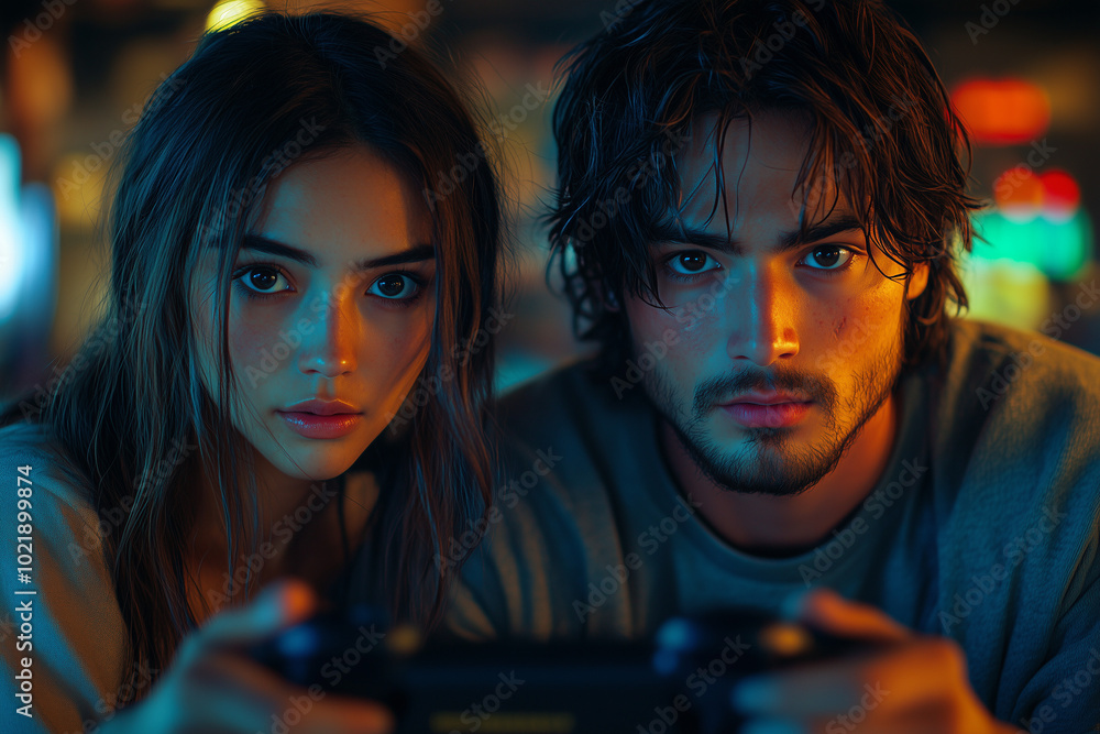 Photorealistic depiction of a male and female gamer playing a two ...