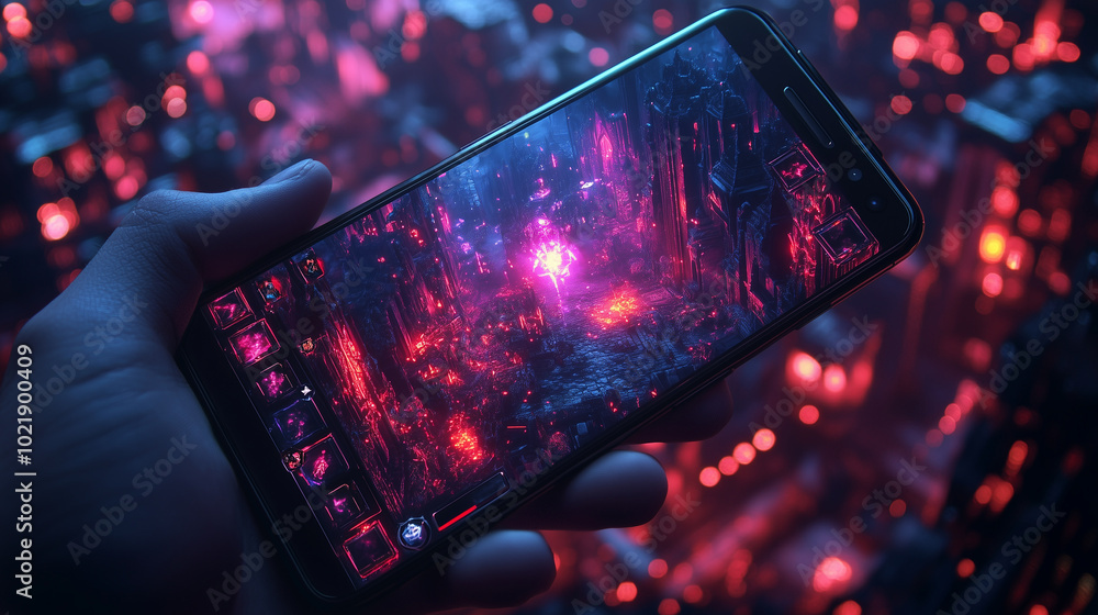 Realistic vector of a gamer holding a mobile phone with an RPG game ...