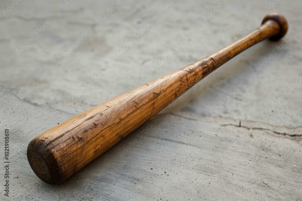 Old and worn wooden baseball bat is lying on a gray concrete surface ...