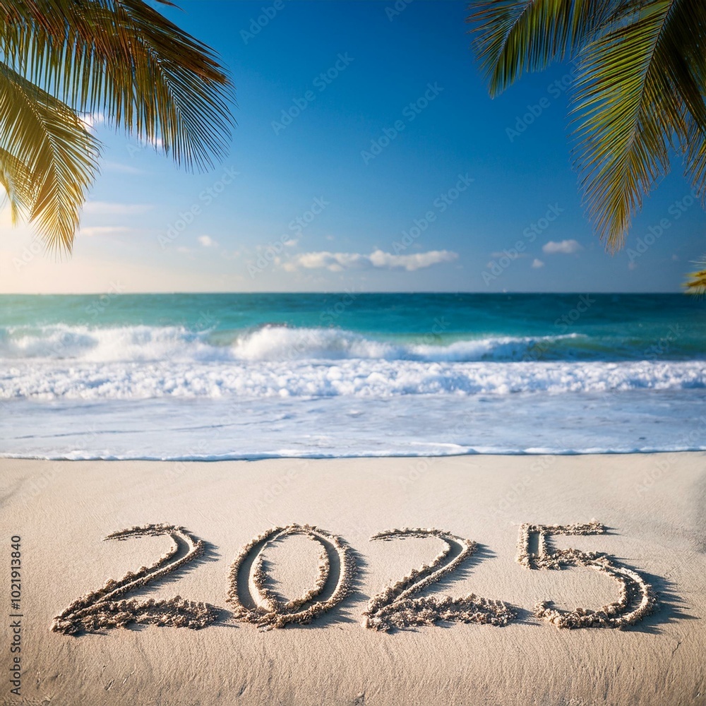Happy New Year postcard, 2025 digits on the sea beach. Abstract ...