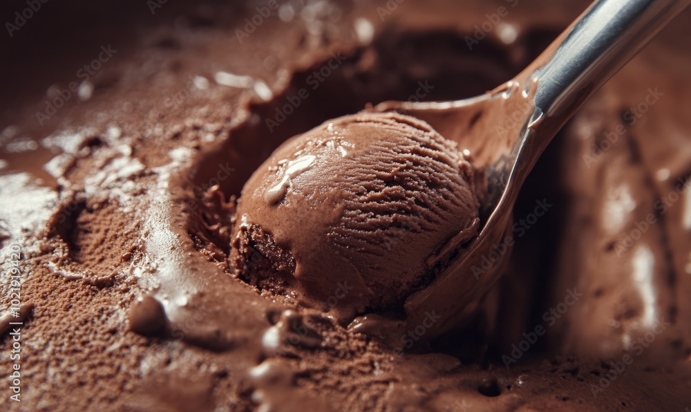 scooping chocolate ice cream close up shot, shallow focus with dark ...
