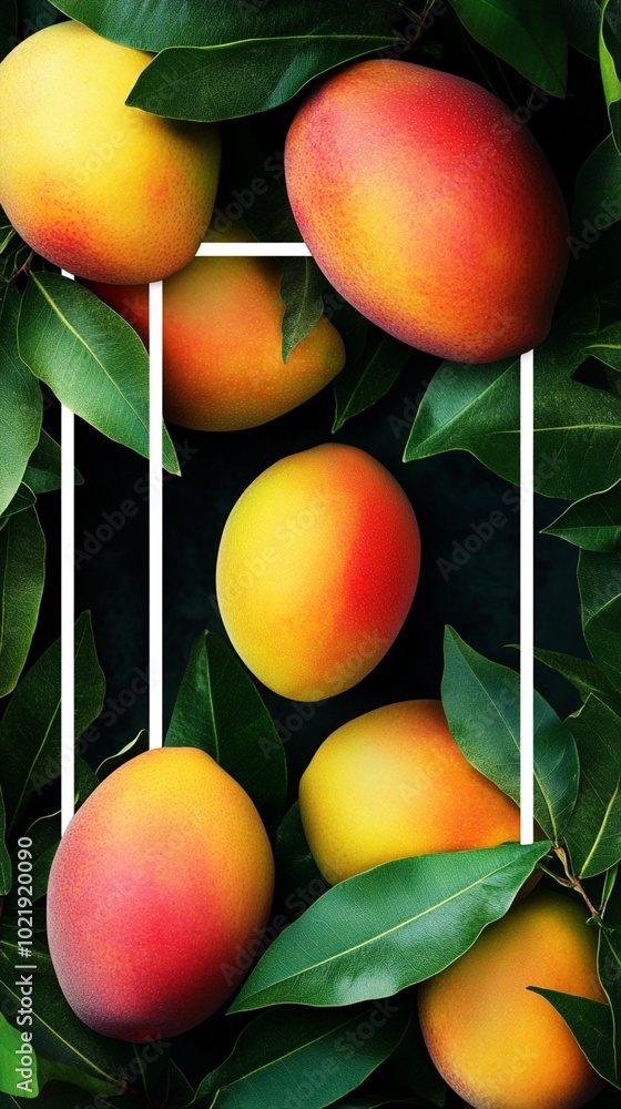 Vibrant mangoes in various stages of ripeness framed by a white border ...