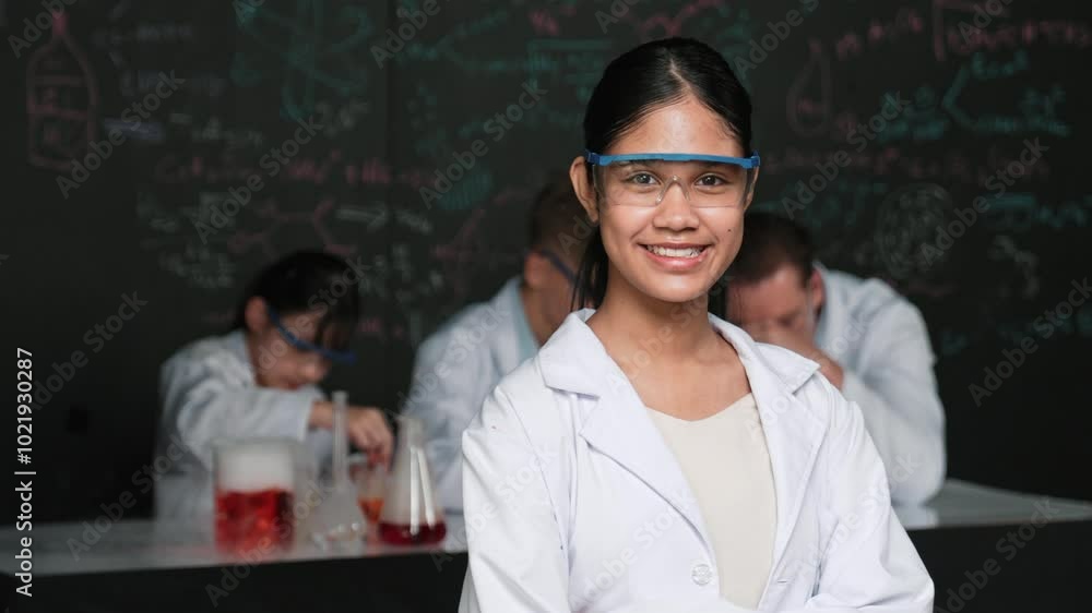 Girl looking at camera with arm folded while people doing experiment at ...