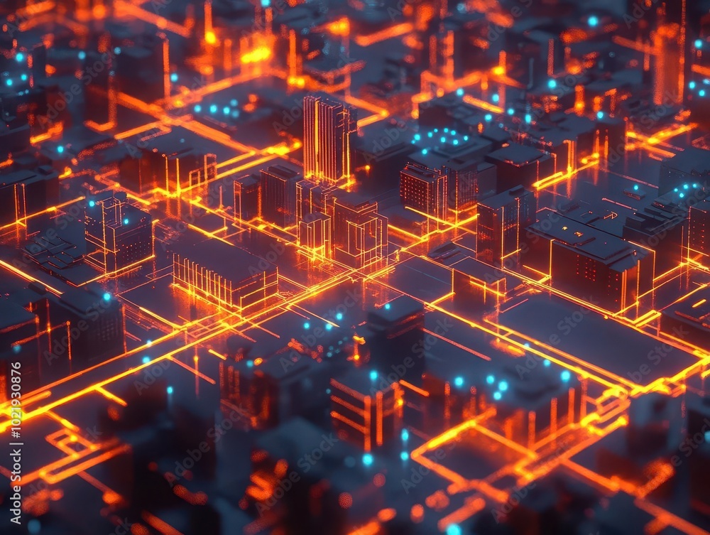 sentient city infrastructure with neural network overlay. glowing ...