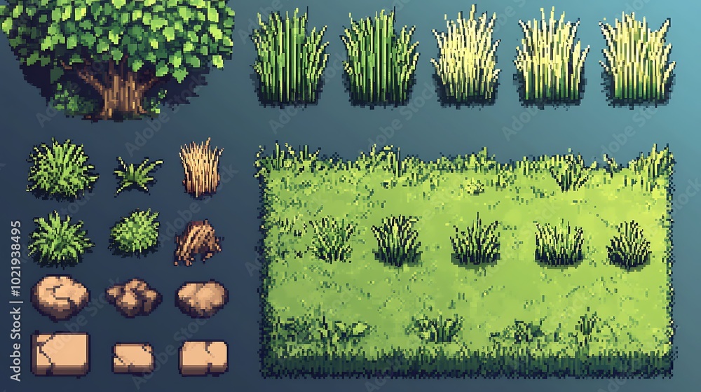 2D Pixel Art Grass and Rocks Sprites for Game Development ilustración ...