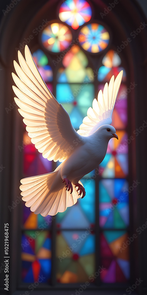White dove flying. Holy spirit pigeon, church's colored stained glass ...