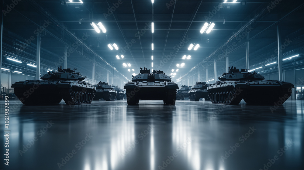 A formation of armored military vehicles positioned in a state-of-the ...