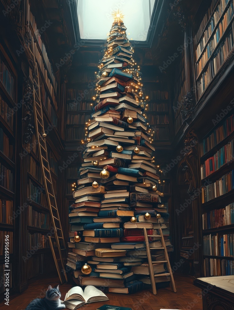 Towering Book Christmas Tree in Enchanting Library with Cat and Ladders ...