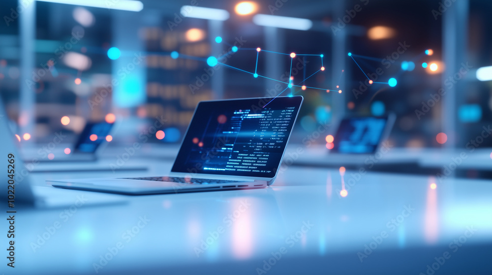 In a futuristic office setting, a network of interconnected laptops and ...