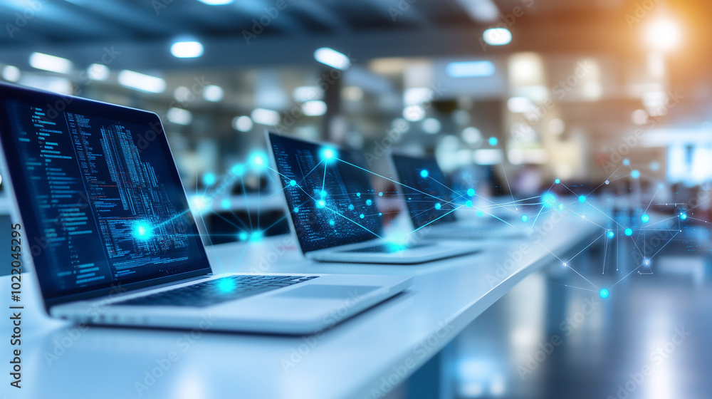 In a futuristic office setting, a network of interconnected laptops and ...